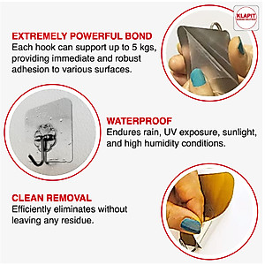KLAPiT Super Hook - Heavy-Duty Adhesive Wall Hooks, Holds Up to 11 lbs, Waterproof, No Damage, Easy Install on Tile, Wood, Stone, Glass & Metal - Made of Steel (Clear, 4pc)