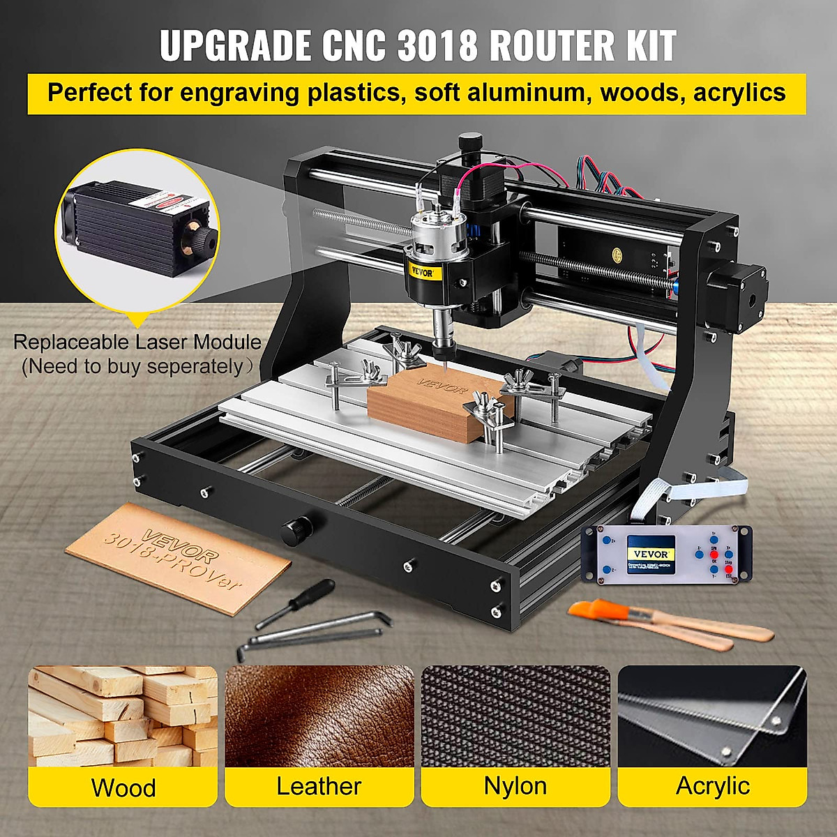 VEVOR CNC 3018-PRO Router Kit GRBL Control 3 Axis Plastic Acrylic PCB PVC Wood Carving Milling Engraving Machine, XYZ Working Area 300x180x45mm
