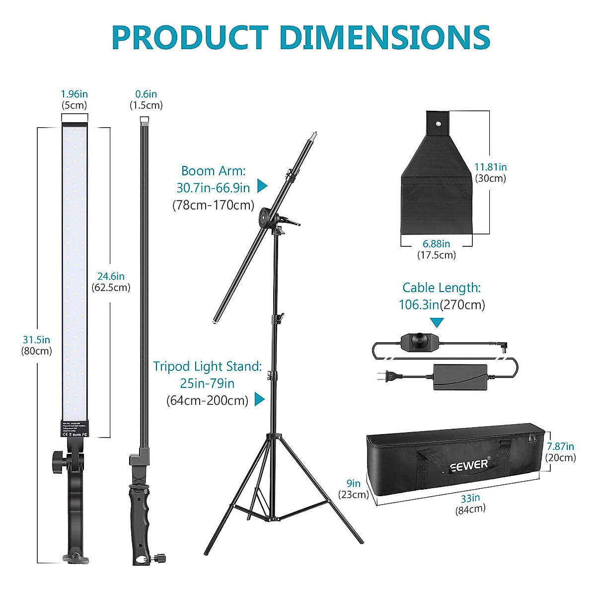 Neewer 3-Pack 60 LED Video Lighting Kit with Adjustable Brightness, 2.24 Meters Light Stand
