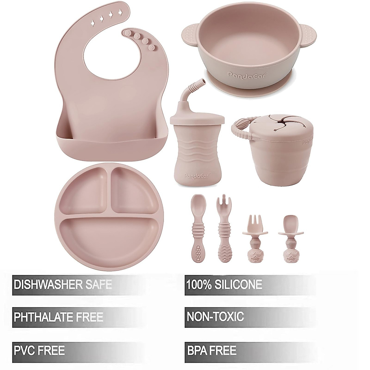 PandaEar Silicone Baby Feeding Set | 9PCS Baby Led Weaning Supplies Self Feeding Utensils | Divided Suction Plate Bowl Bibs Sippy Cup with Baby Snack Container Spoons Forks (Pink)