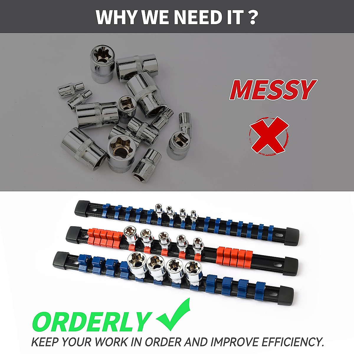 ALOANES 9PC ABS Socket Organizer, 1/2 inch, 3/8 inch and 1/4 inch Drive Socket Rail Holders, Heavy Duty Socket Racks, Black Rails with Red Blue Black Clips