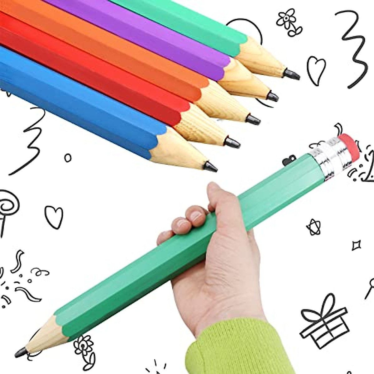 Bercoor 5 Pieces 13.1 Inch Wooden Jumbo Pencils for Props Gifts Decor, Fuuny Big Novelty Pencil with Eraser and Cap Wood Giant Pencil for Schools and Home Kids Writing