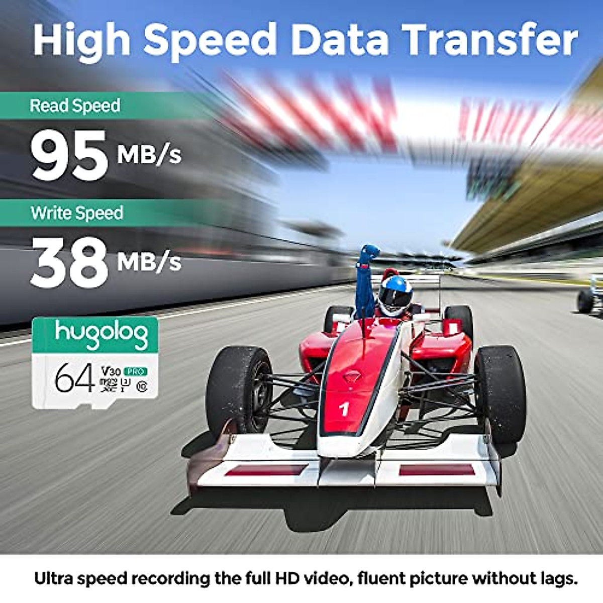 Hugolog 64GB Micro SD Card, Micro SDXC UHS-I Memory Card – 95MB/s,633X,U3,C10, Full HD Video V30, A1, FAT32, High Speed Flash TF Card P500 for Phone/Tablet/PC/Computer