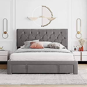 TARTOP Queen Size Storage Bed Velvet Upholstered Platform Bed with Drawer, Queen Size Upholstered Bed Frame with Headboard, No Box Spring Needed, Easy Assembly,Gray