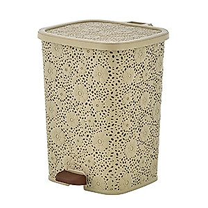 Compact Plastic Step-On Trash Can, Indoor and Outdoor Waste Bin with Foot Pedal, Beige Decorative Garbage Bin with Lace Design, 6 Qt Small Trash Can for Kitchen, Bathroom, Bedroom, Patio, Yard