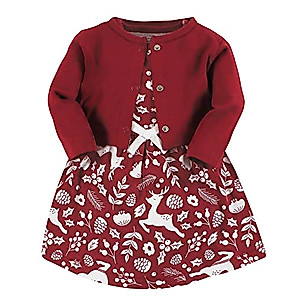 Touched by Nature Baby Girl's Organic Cotton Dress and Cardigan, Red Winter Folk, 9-12 Months