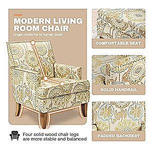 Vaztrlus Accent Chairs Living Room Floral Print Fabric Club Chair Tufted Wingback Chair Reading Arm Reading Chairs for Bedroom Comfy(Beige Yellow)