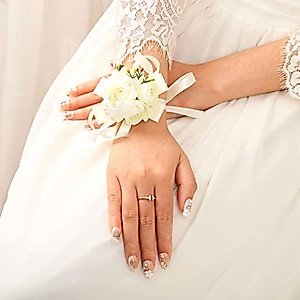 Yean White Rose Wrist Corsage Bride Wedding Hand Flower Handmade Whith Ribbon Corsage Wristlet Wedding Party Prom Decorations Accessories for Women and Girls