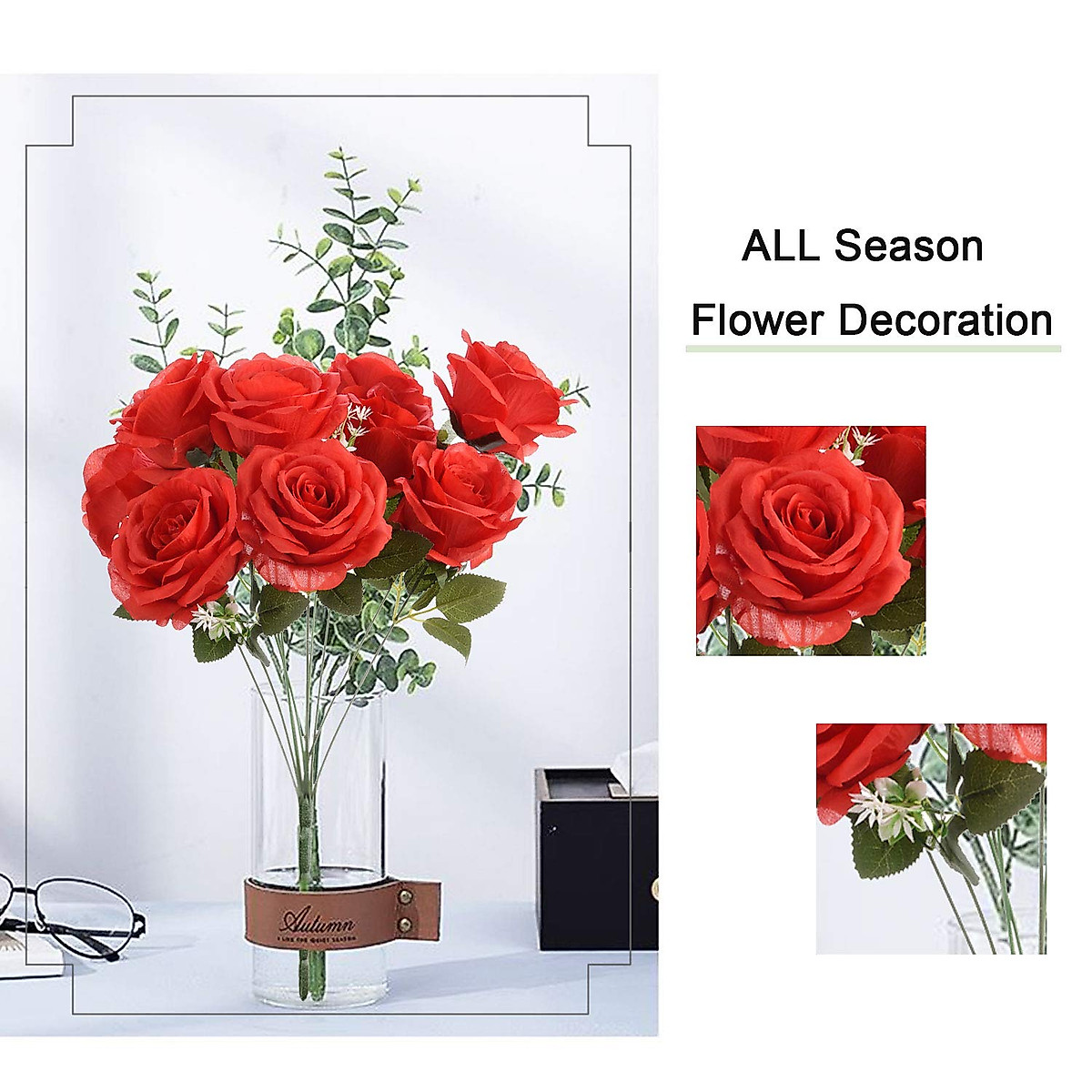 KONCHILE Artificial Roses Bouquet Silk Flower 10 Branch 10 Heads Big Fake Rose Wedding Bridal Floral Arrangement Home Office Party Garden Decor