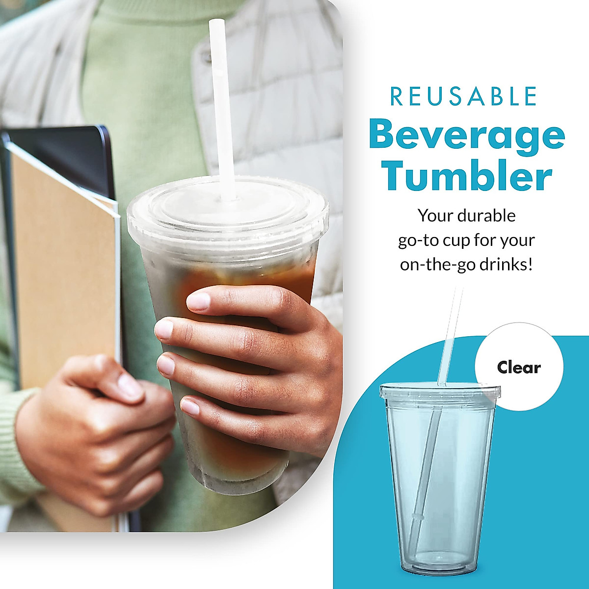 Eco To Go Cold Drink Tumbler - Double Wall -16oz. Capacity - Clear