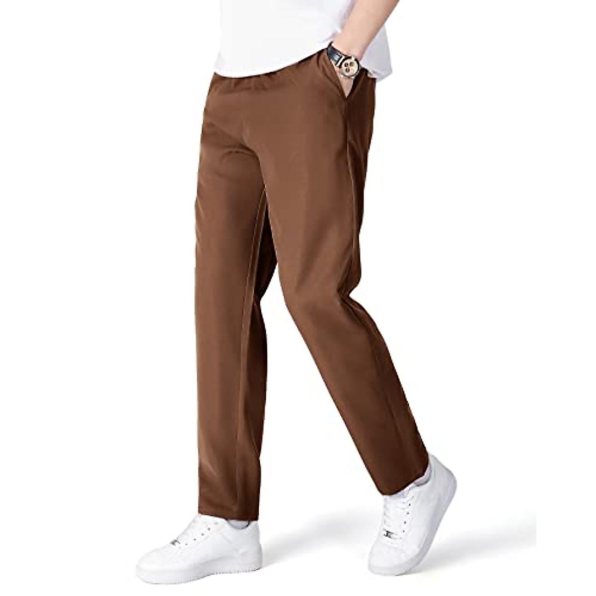 Mens Classic Fit Chinos Pants Flat Front Straight Leg Casual Pant Comfort Stretch Solid Trousers Brown