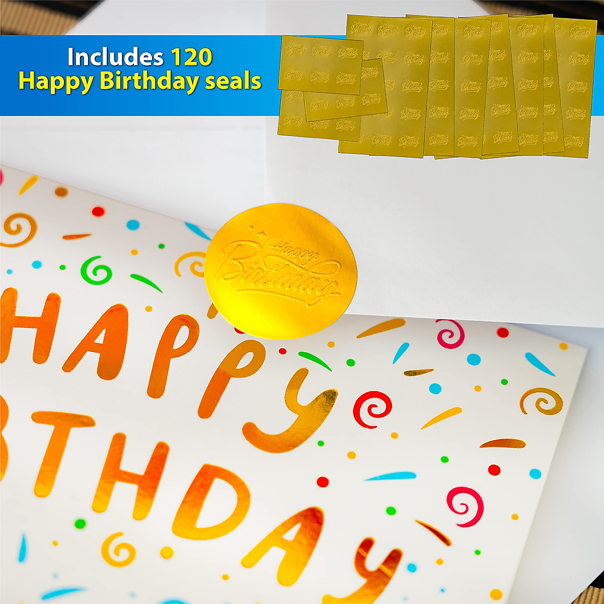 120 Pack Assorted Gold Foil Happy Birthday Cards with Envelopes, Organizer Box, Stickers, and Seals - 4x6 Inches, 8 Unique Designs, Ideal for Kids, Men, Women, and Elderly