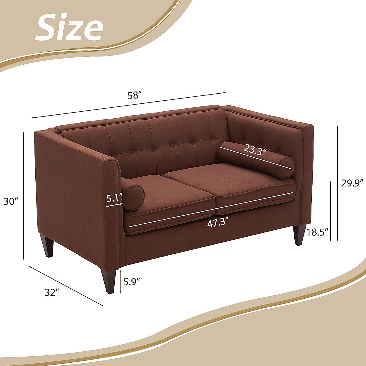 Dreamsir 58Inches Loveseat Sofa, 2 Seater Fabric Sofa Couch with Two Throw Pillows, Solid Wood, Mid Century Modern Couch for Living Room, Small Space, Apartment（Brown） 7097 Linen