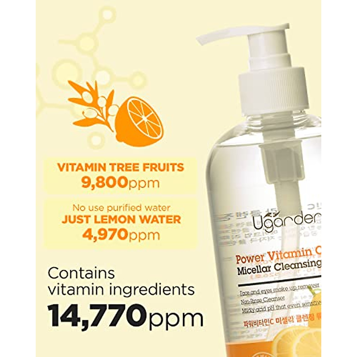 UGARDEN Power Vitamin C Micellar Cleansing Water, pH5.5 Rinse-Free Perfect Facial Makeup Remover, Hydrates & Brighten Skin, Dermatology Tested for Sensitive Skin, 16.9 fl.oz.