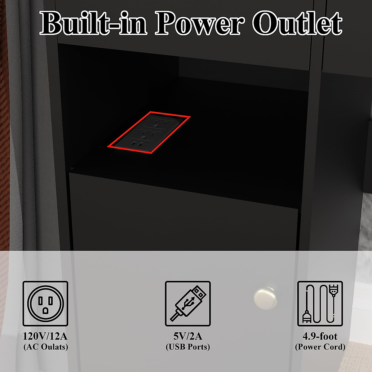 MISHAO Vanity Desk Set w/Mirror & Lights, Power Outlet, Makeup Vanity Table w/Stool, Storage Drawers & Open Shelves, 3 Color Modes & Adjustable Brightness Dressing Table for Bedroom, Black