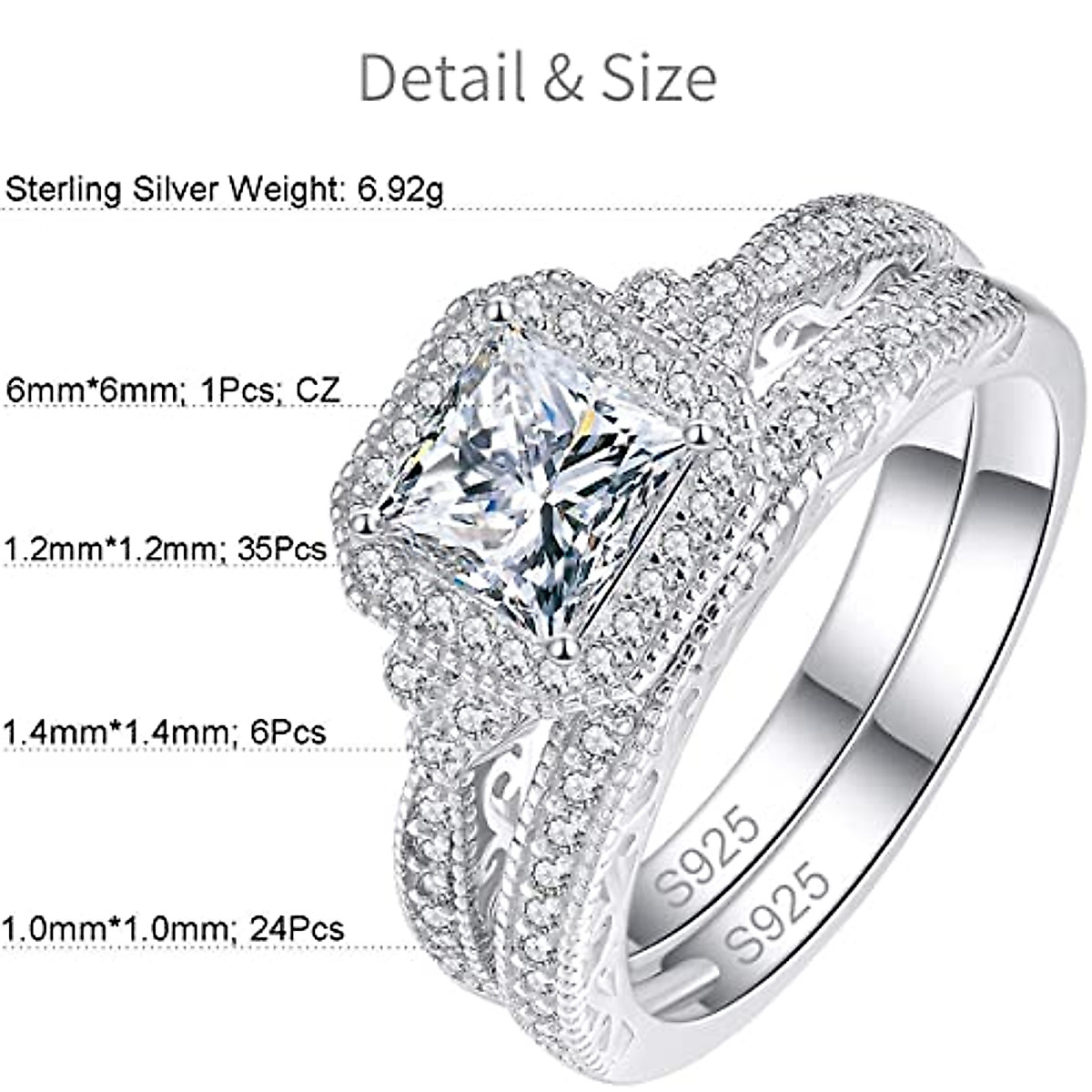 Yaresul 0.8ct Princess Cut Engagement Ring Sets 6X6mm White AAA Solitaire Cubic Zirconia Engagement Ring Set 925 Sterling Silver Wedding Ring Set for Women Size 6.5