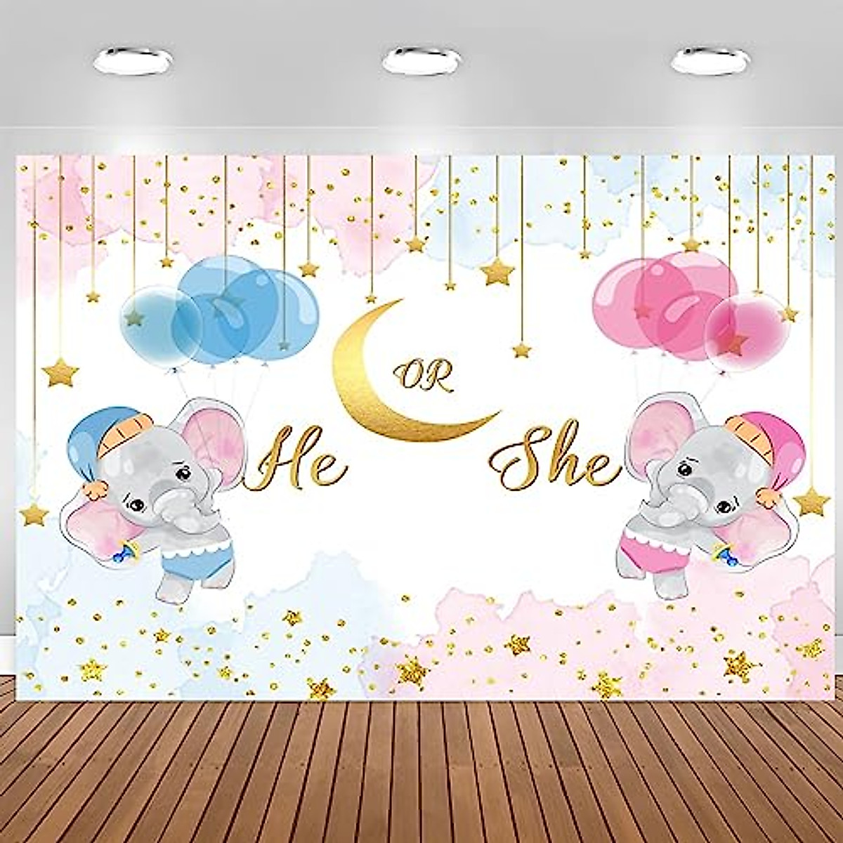 Yongfoto 6x4ft Elephant Gender Reveal Baby Shower Party Backdrop He or She What Will Baby Be Blue and Pink Balloons Gold Confetti Photography Backdrop Newborn Party Decorations Banner Studio Props