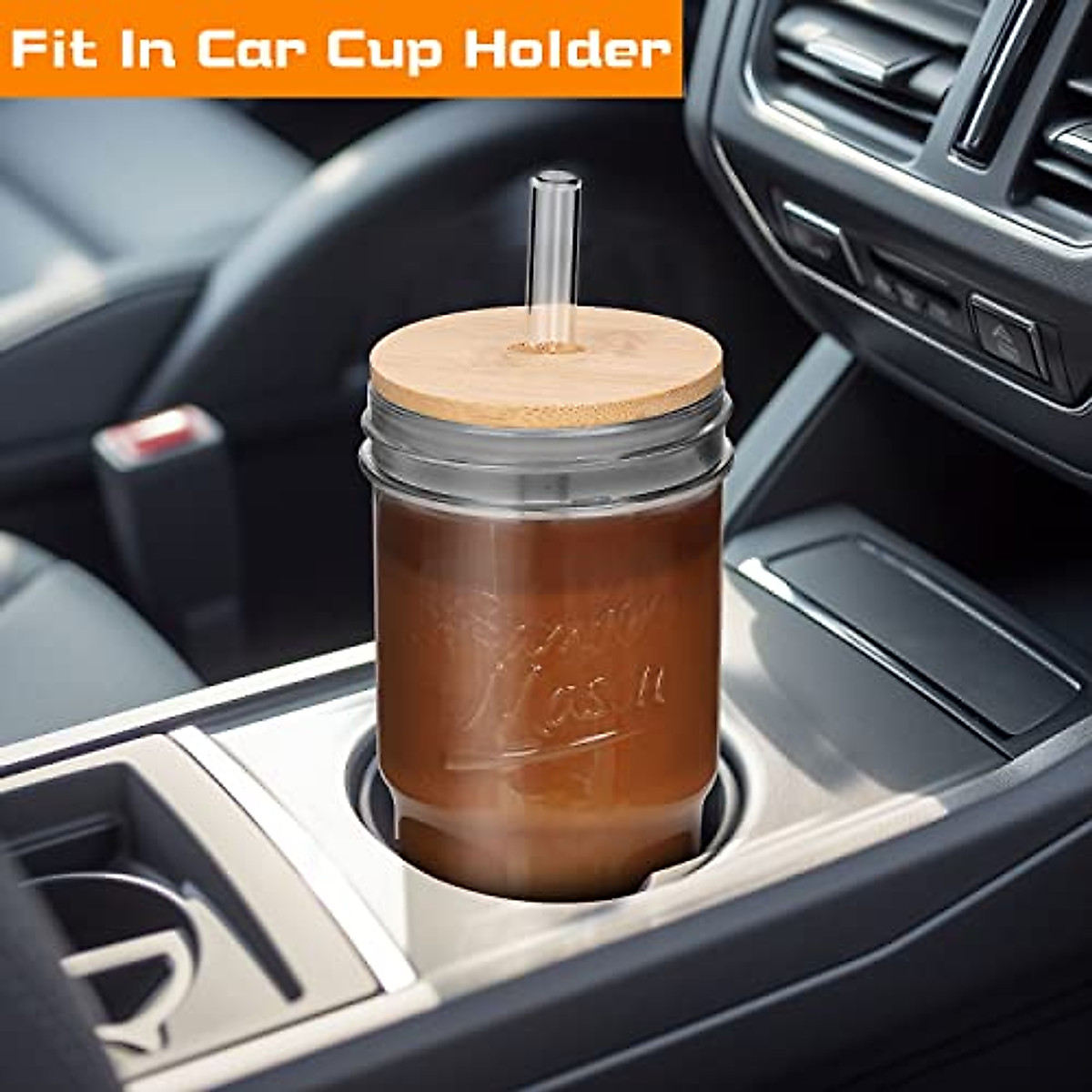 ANOTION Glass Cups with Lids and Straws 4 Packs, 24oz Travel Coffee Mug Wide Mouth Mason Jar Iced Coffee Cup Smoothie Cup Glass Tumbler Tea Cup Boba Cup Clear Cute Water Cups Drinking Jars Glasses