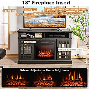 Tangkula Fireplace TV Stand for TVs Up to 55 Inch, with 18 Inches 4777 BTU Fireplace Insert, 3-Level Brightness, Overheat Protection, Remote Control Included, Fireplace Entertainment Center (Black)