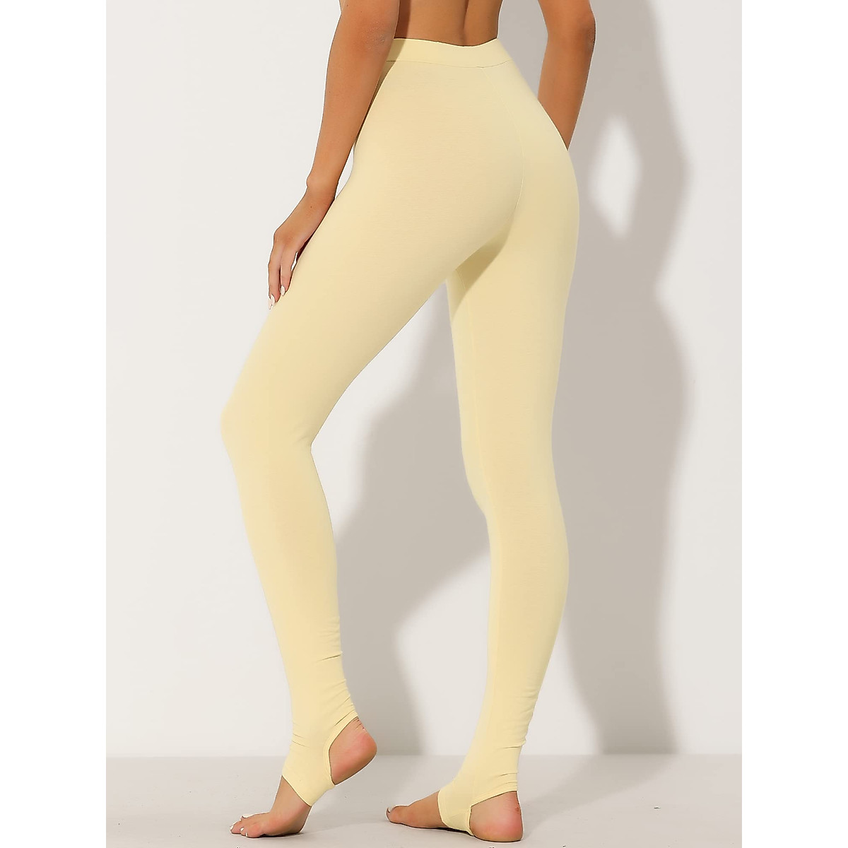 Allegra K Women's Leggings Solid Color Elastic Waistband Stirrup Pants X-Small Yellow