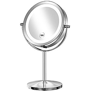 Gospire 1x/10x Magnifying Lighted Makeup Mirror Double Sided Round Standing 360 Degree Swivel Vanity Mirror for Shaving Bathroom Battery Operated 7 Inch Diameter (Silver-Button Switch)
