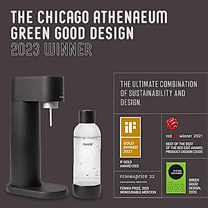 Mysoda Woody Sparkling Water Maker - Silent Carbonated Water Machine Made of Renewable Wood Composite and 1L Water Bottle - Without CO2 Cylinder - Seltzer Maker Machine - Colour Black