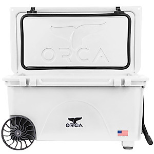 ORCA 65-Quart Insulated Rolling Cooler with Wheels and Pull Handle, White, Rugged, Sturdy for Beach, Camping, Fishing, Travel, Road Trip, Hunting