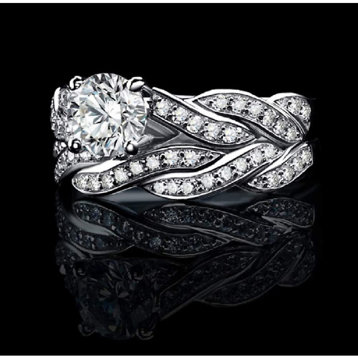 LRGKMCWTOB 2-in-1 Womens 925 Solid Sterling Silver Matching Bridal Set Wedding Engagement Rings Clear Round Cubic Zirconia Engagement Promise Bridal Silver Band Fashion Cute (US 7)