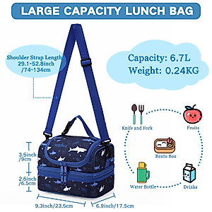 VASCHY Lunch Box Bag Kids, Insulated Two Compartments Cooler Bags for Boys Girls w Shoulder Strap for School,Daycare,Kindergarten,Picnic Shark
