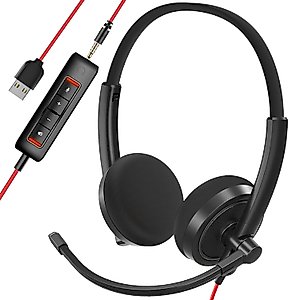 HROEENOI Noise-Cancelling USB Headset - Premium Wired PC and Laptop Headphones - Optimal for Zoom, Skype, Home Office, Call Centers, E-Learning - 5-Year Warranty