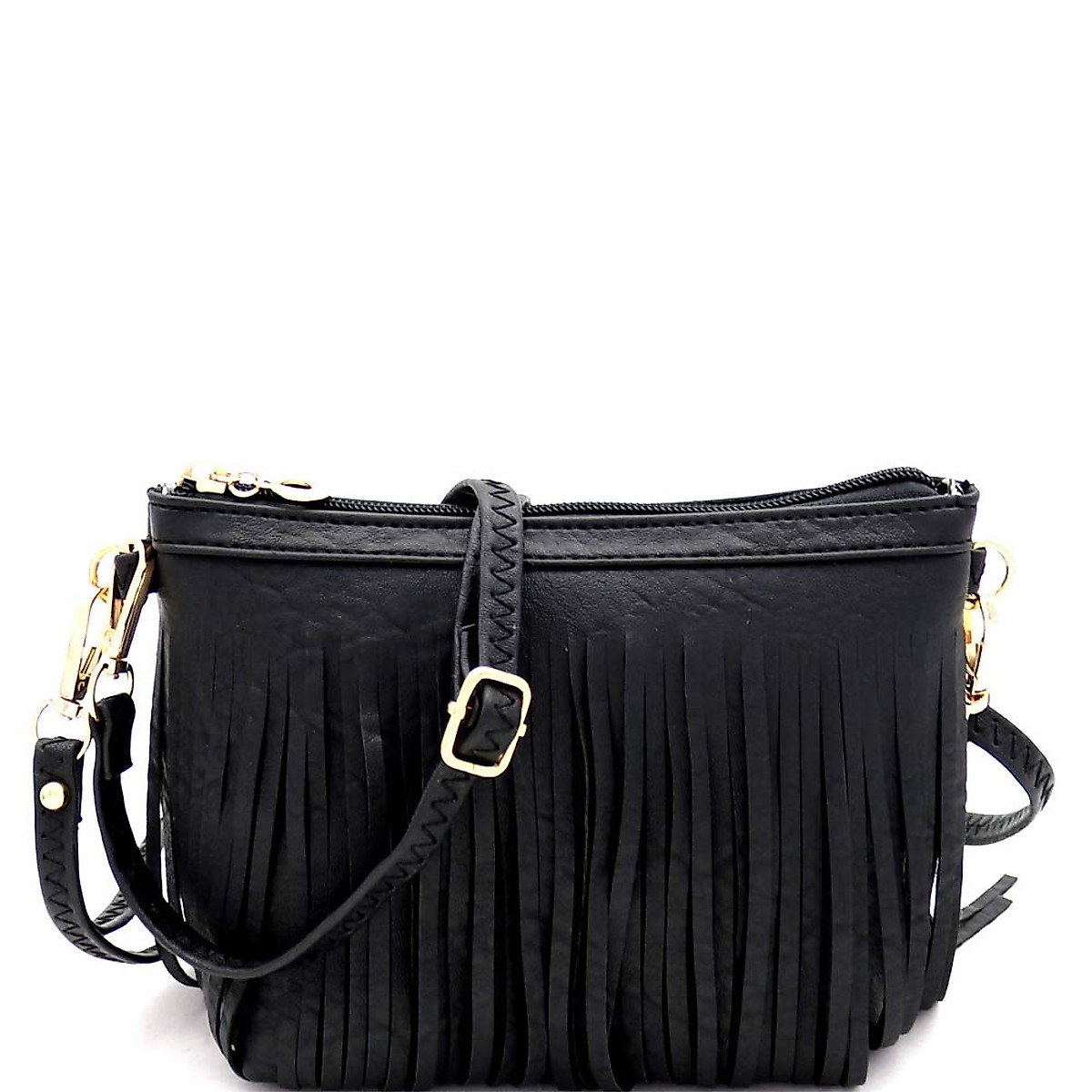 Front and Back Both Side Fringed Soft PU Leather Small Boho Crossbody Wristlet (ZBlack)