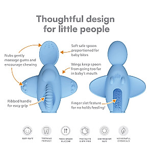 Vroom Spoon - 100% Silicone Soft Training Spoon for Spoon Feeding, Self-Feeding and Baby Led Weaning, Ergonomic Grip with Finger Slot for Easy Fun Feeding (Blue) (1 Spoon, Blue)