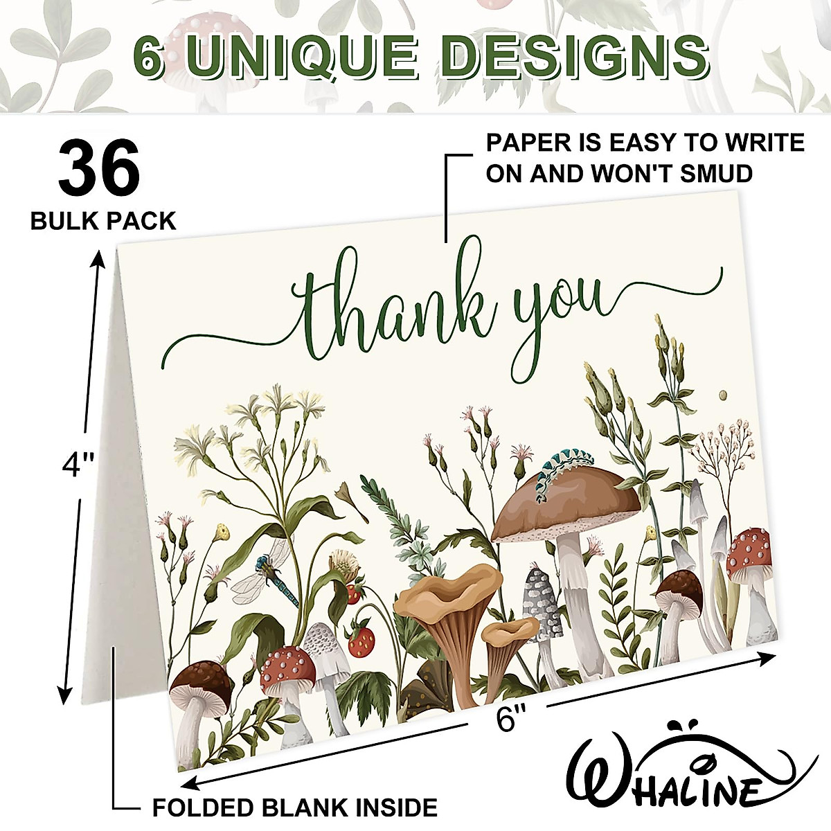 Whaline 36 Pack Vintage Mushroom Thank You Cards 6 Designs Plants Greeting Cards with Envelopes Stickers Retro Blank Note Cards for Party Invitation Supplies, 4 x 6 Inch