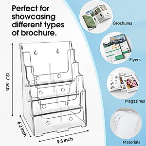 MaxGear Acrylic Brochure Holder 8.5 x 11 inch, Clear Literature Organizer Magazine Stand with Removable Divider for 4 x 9 inch Brochures, 4 Tier Pamphlet Display for Wall Mount or Countertop