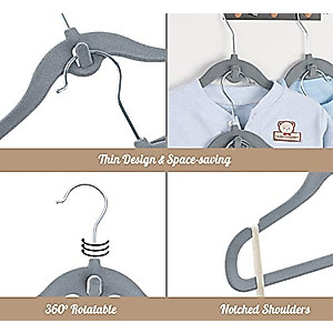 Baby Hangers, 50 Pack Childrens Velvet Hangers - Baby Clothes Hangers Non Slip Velvet with Rotatable Hook,12Inch Space Saver Cascading Velvet Hangers, (Grey)