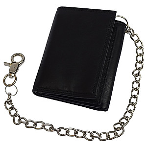 Men's RFID Blocking Premium Leather Chain Trifold Wallet (Black with Chain)