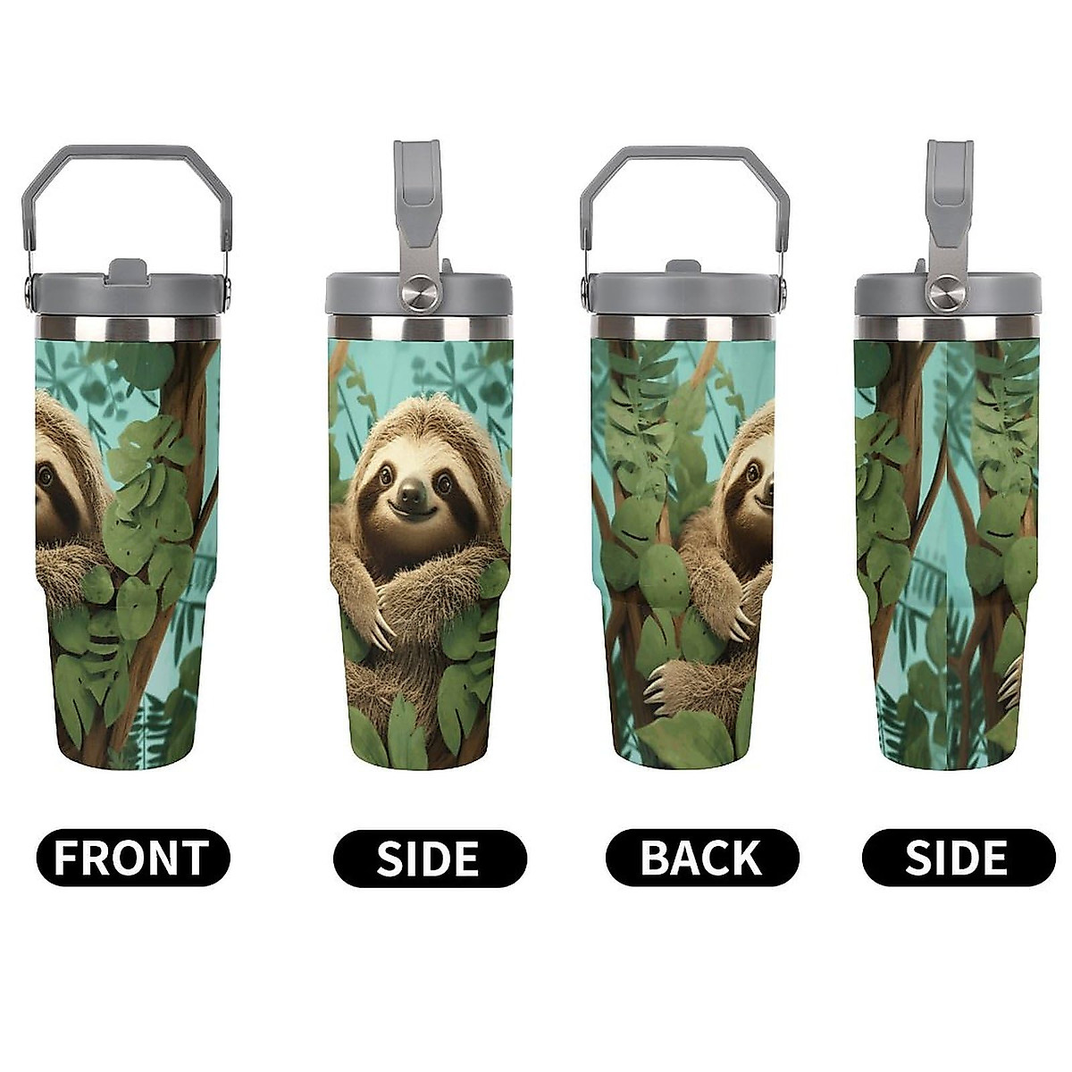 30oz Stainless Steel Insulated Tumbler with Flip Lid & Straw, Leakproof Travel Mug for Car, Hug Tree Sloth Double Wall Vacuum Thermal Coffee Cup with Handle, Spill-Proof Design for Hot/Cold Drinks