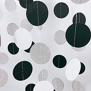 Black White Hanging Paper Party Garlands Glitter Silver Circle Dots Baby Shower Birthday Ceiling Hangings Wedding Bridal Shower Halloween Party Decorations, 26ft