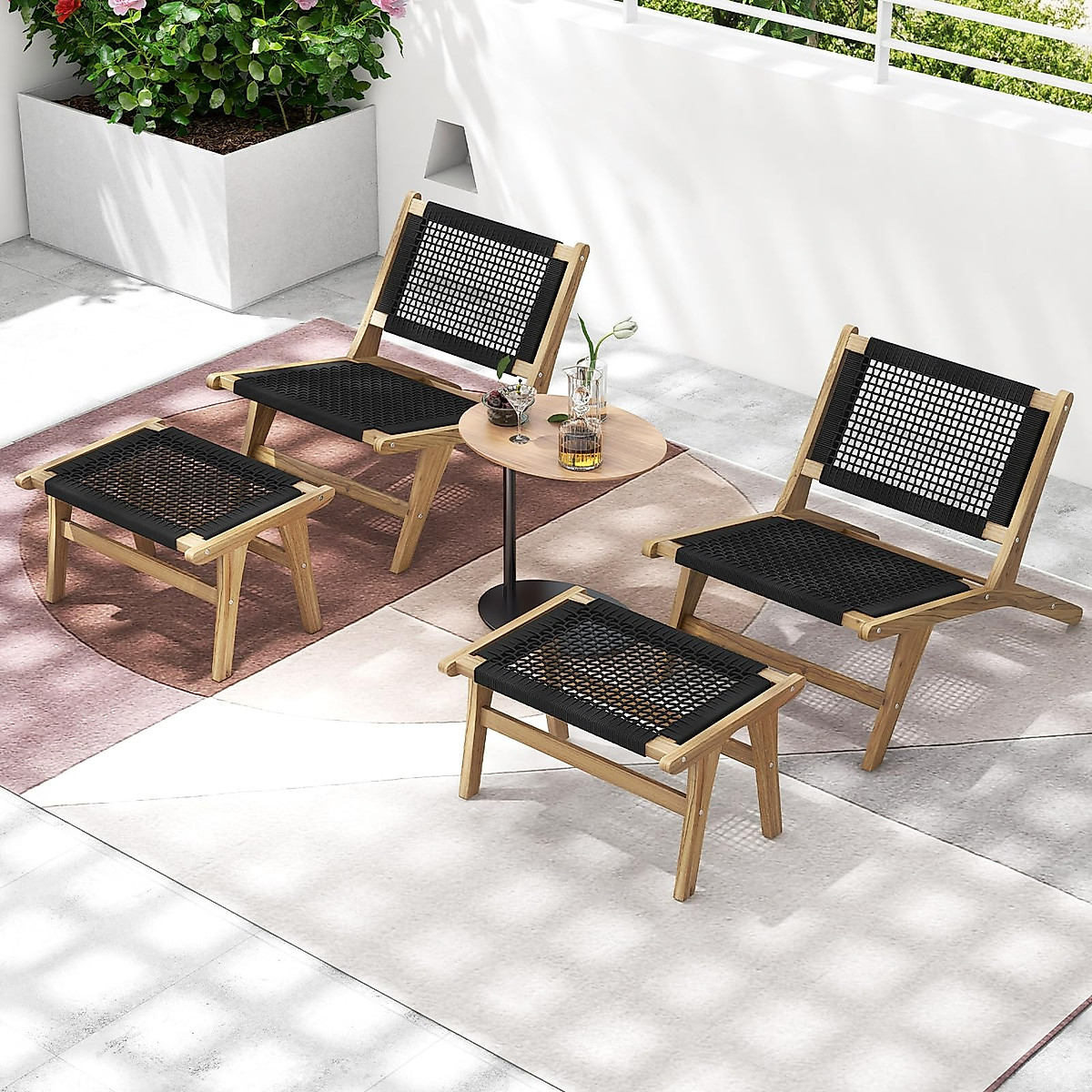 Tangkula Teak Wooden Chair, Mid Century Modern Accent Chair with Handwoven Cordage Seat & Backrest for Patio, Porch, Balcony, Lawn, Garden, Backyard, Poolside & Deck Indoor Outdoor (2)