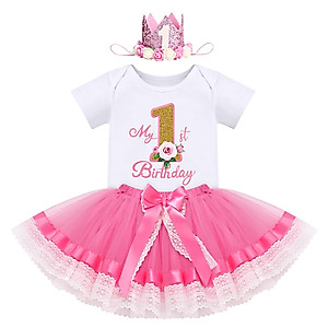 IBTOM CASTLE Baby Girl One Year Old Birthday Floral Lace Party Cake Smash Outfits Short Sleeve Top Princess Romper Bodysuit + Tutu Rainbow Skirt Set+Headband Fancy Dress Hot Pink-1 old,Birthday,