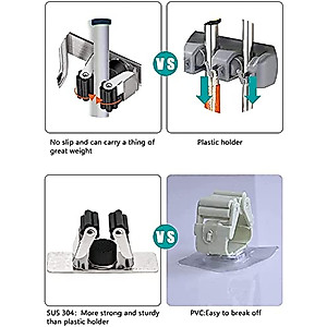 Zollyss Broom Mop Holder Wall Mount Stainless Steel Wall Mounted Storage Organizer Heavy Duty Tools Hanger with 5 Racks 4 Hooks for Kitchen Bathroom Closet Garage Office Garden-1Pc