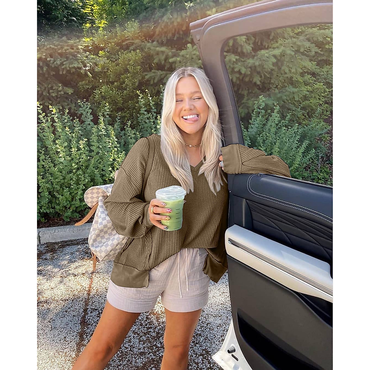 ASTANFY Womens Long Sleeve Sweatshirts Waffle Knit Shirts V Neck Solid Color Pullover Casual Loose Fit Tunic Tops