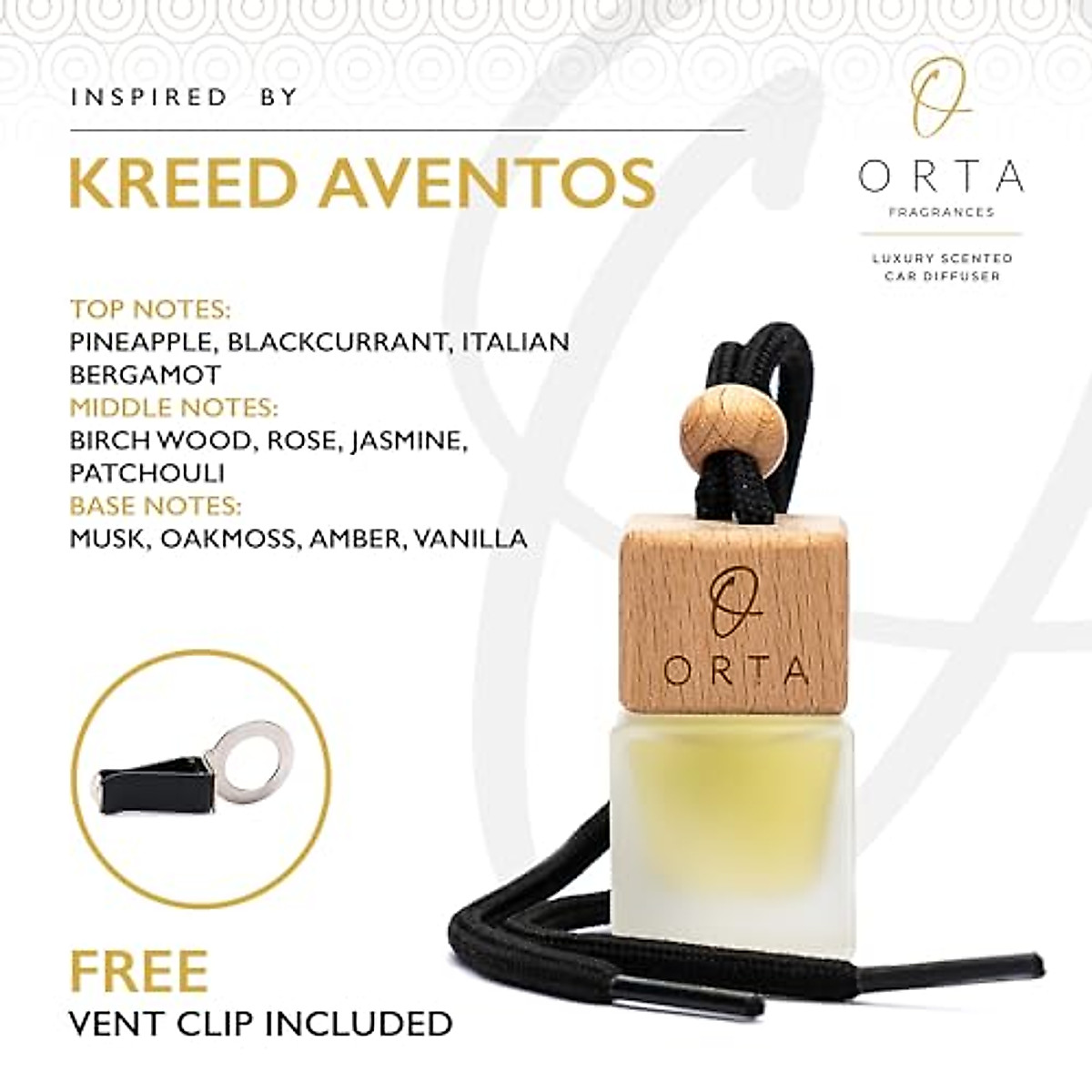 Orta Fragrances No1 Kreed Aventos Inspired Car Air Freshener | Long Lasting Car Diffuser Scents for Men, Women and Unisex | Vent Clip Included | Odor Eliminator Car Accessories | 8ml