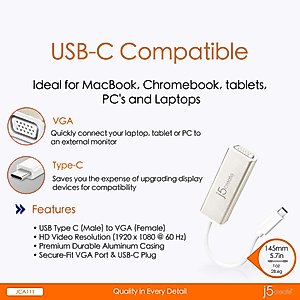 j5create USB 3.1 Type-C to VGA Adapter JCA111