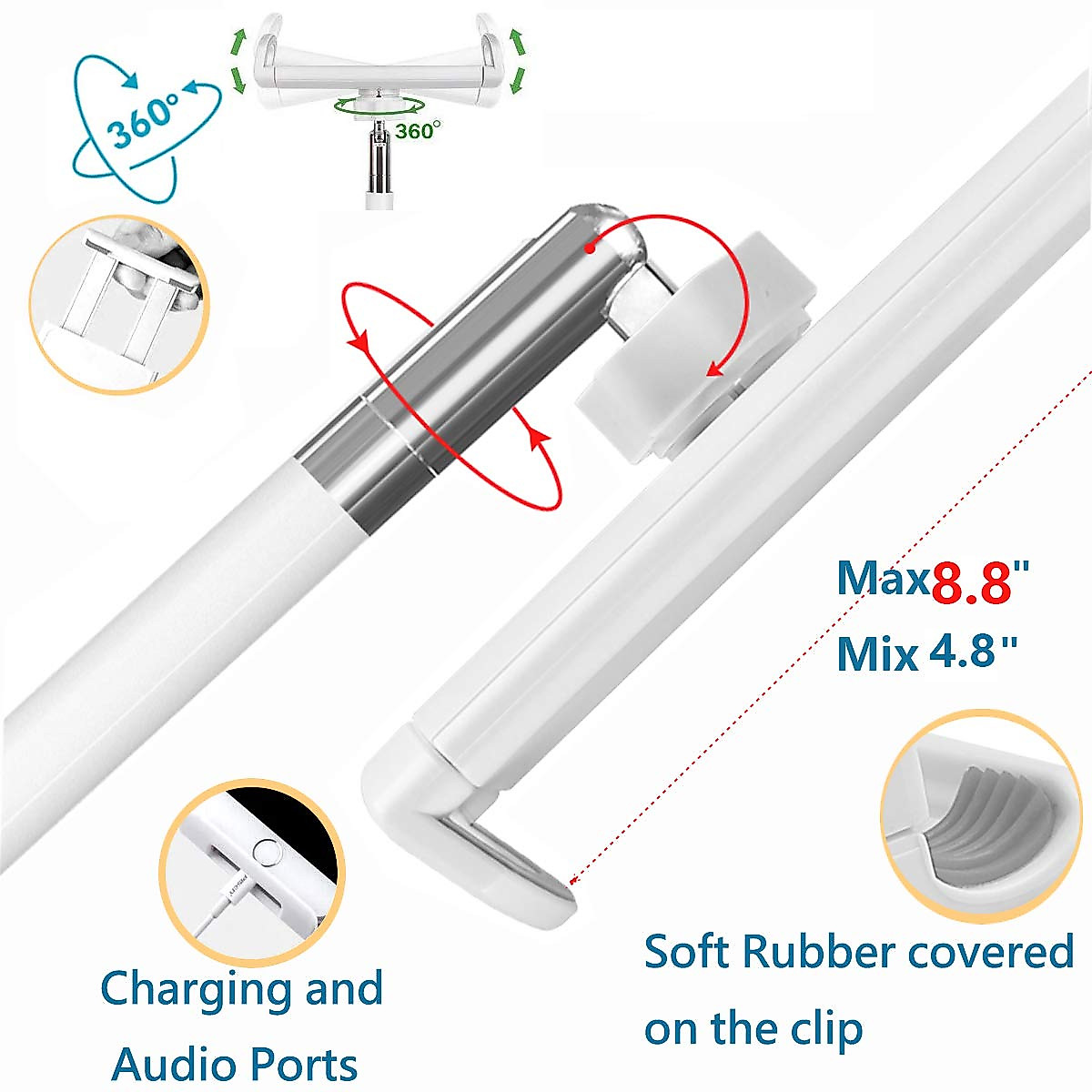 Gooseneck Tablet Stand Cell Phone Stand with Stable Base Adjustable 360 Degree Rotating Floor Stand for iPad Within 4-12.9 inches
