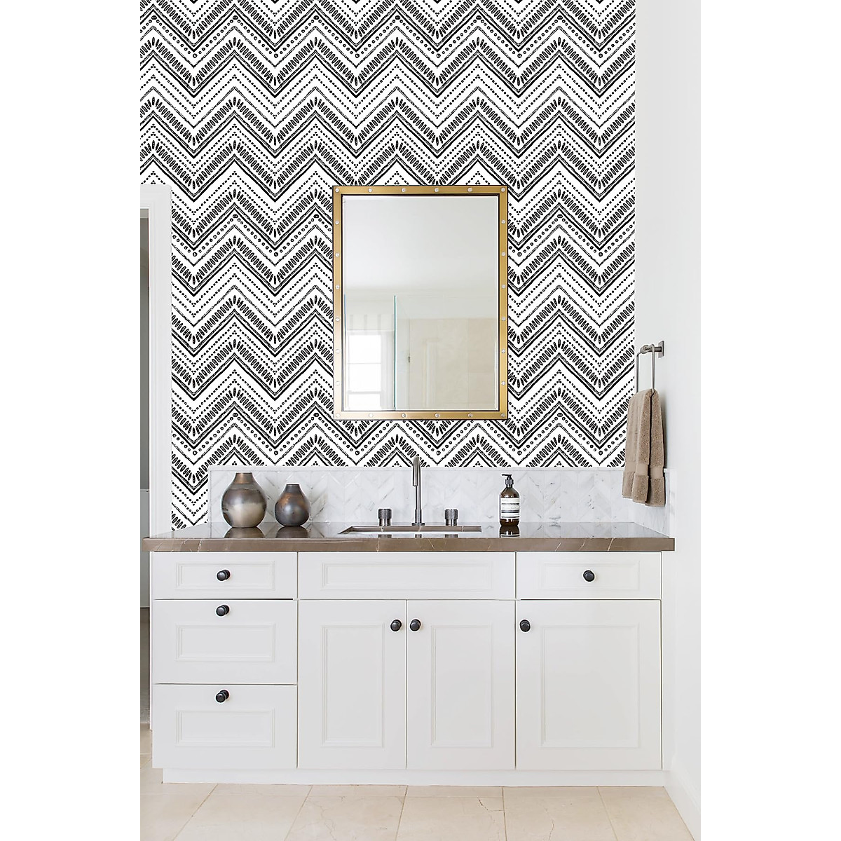 HAOKHOME Black and White Wallpaper Boho Geometric Self Adhesive Textured Wall Paper Modern for Bathroom Decor e 17.7in x 9.8ft