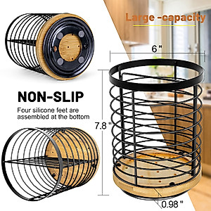 Toosci Utensil Holder for Kitchen Counter, Cooking Utensils Holder, Black Metal+Wooden Base Utensil Holder, Breathable and Easy to Dry+Rotatable+Drainage Holes, Kitchen Countertop Utensil Organizer