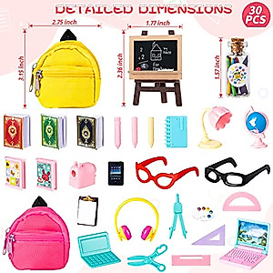 30Pcs Mini School Supplies, Doll School Supplies Includes Mini Doll Backpack Laptops Glasses Blackboard Mini Book Palette Paper Ruler Scissors Calculator for Dolls Accessories Set