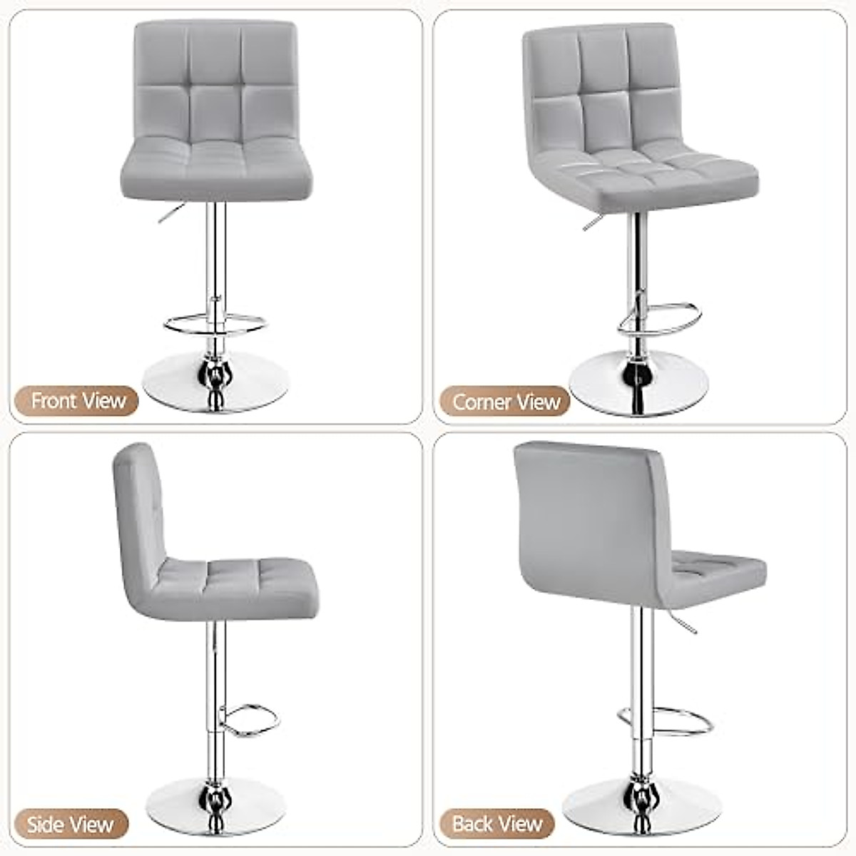 Yaheetech Bar Stools Set of 4, PU Leather Adjustable Barstools, Modern Counter Stools with Back and Footrest, Counter Height Barstools for Bar, Kitchen, Dining Room, Light Gray