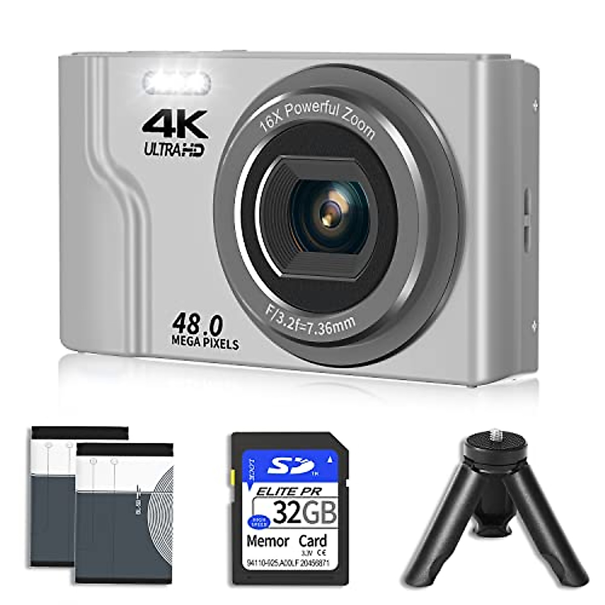 Digital Camera with 32GB SD Card, VJIANGER 4K 48MP Vlogging Camera with 2.8" Screen, 16X Digital Zoom, Mini Point and Shoot Camera for Kids Tees Aldults with 2 Batteries &Tripod(DC6-6 Silver)